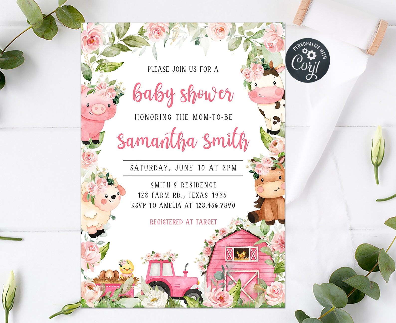 Editable Farm Baby Shower Invitation Set, Floral Pink Barnyard Baby ...