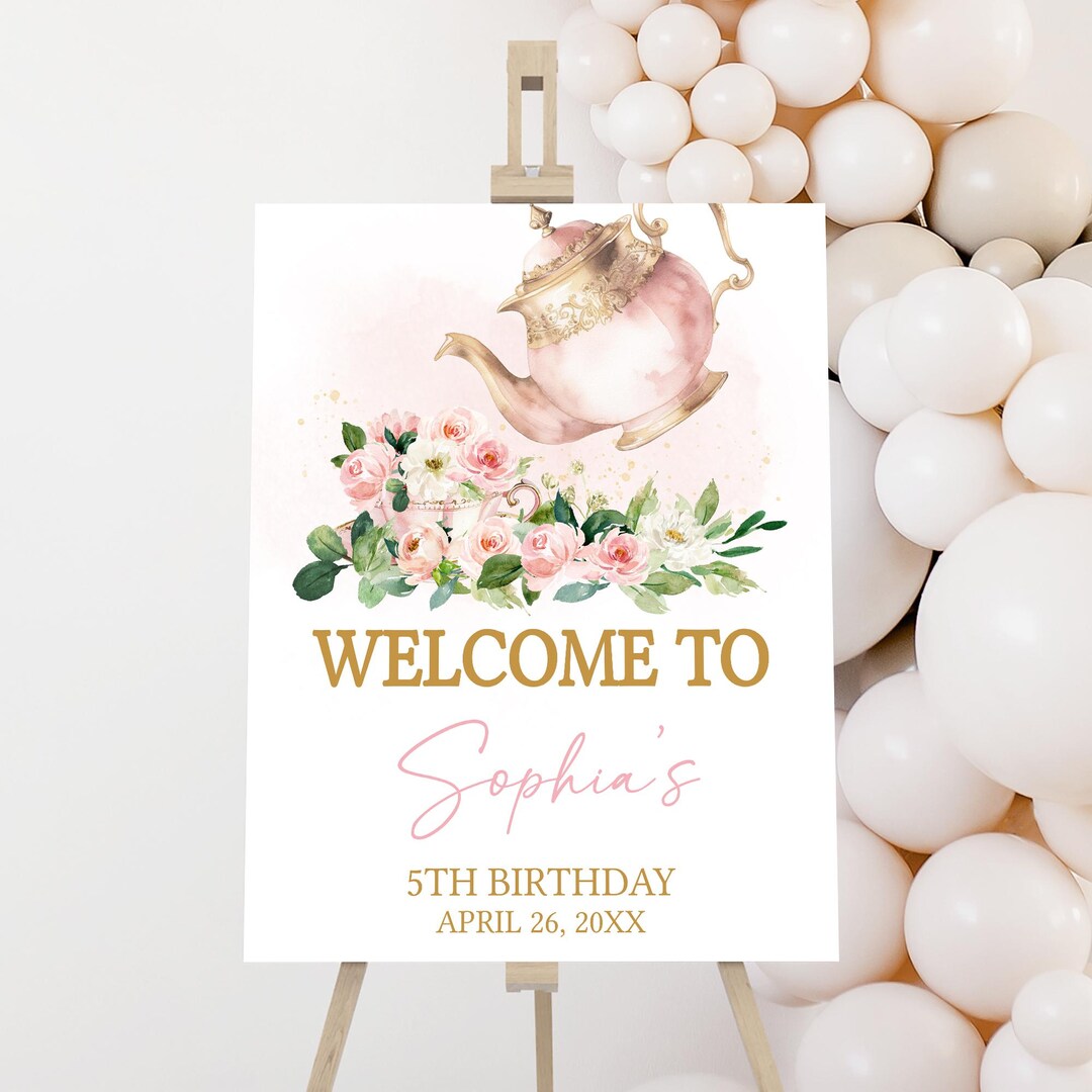 Editable Tea Party Birthday Welcome Sign, Let's Par-tea Party Sign ...