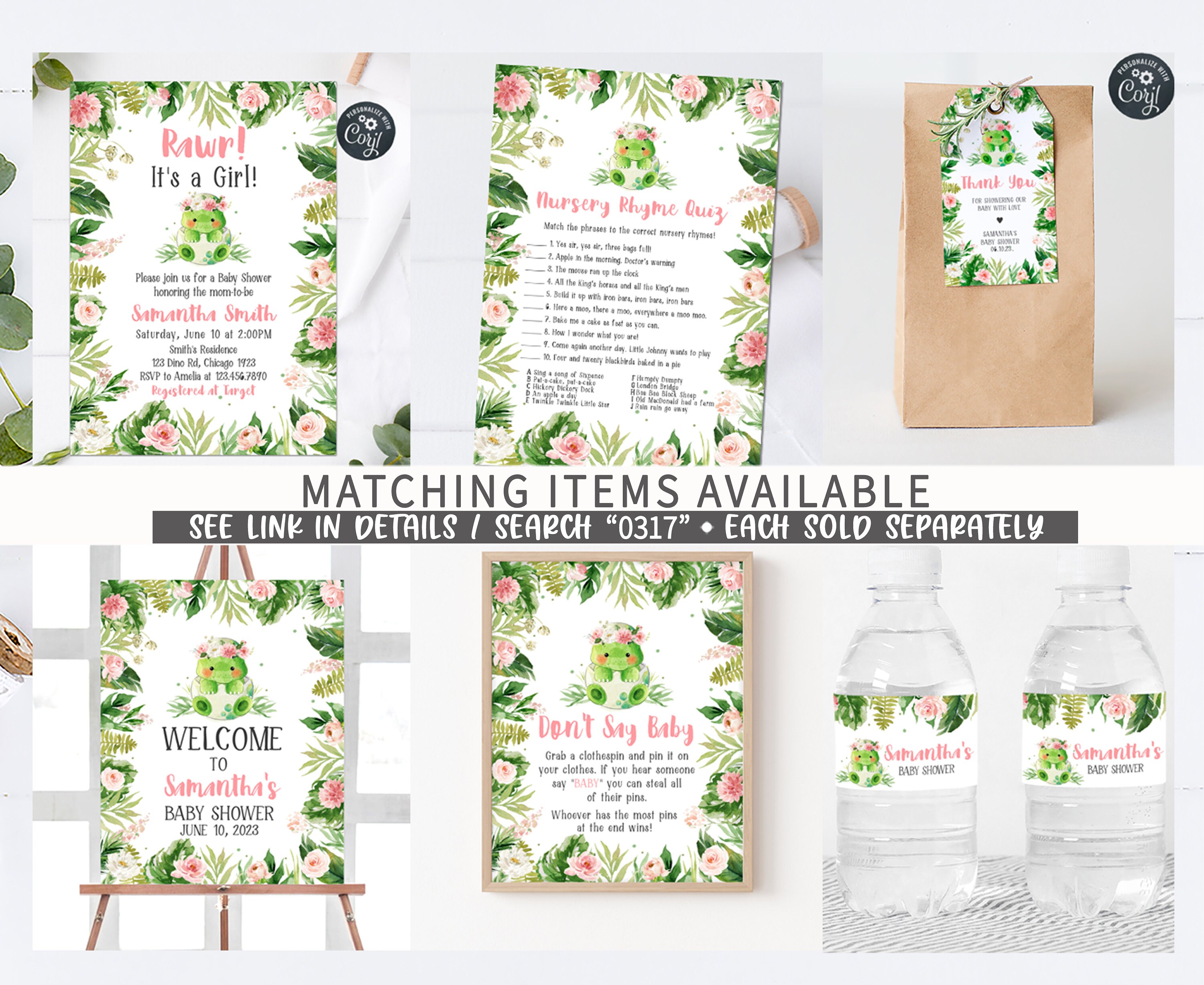 Editable Girl Dinosaur Baby Shower Bottle Label, Pink Floral Dino Baby ...