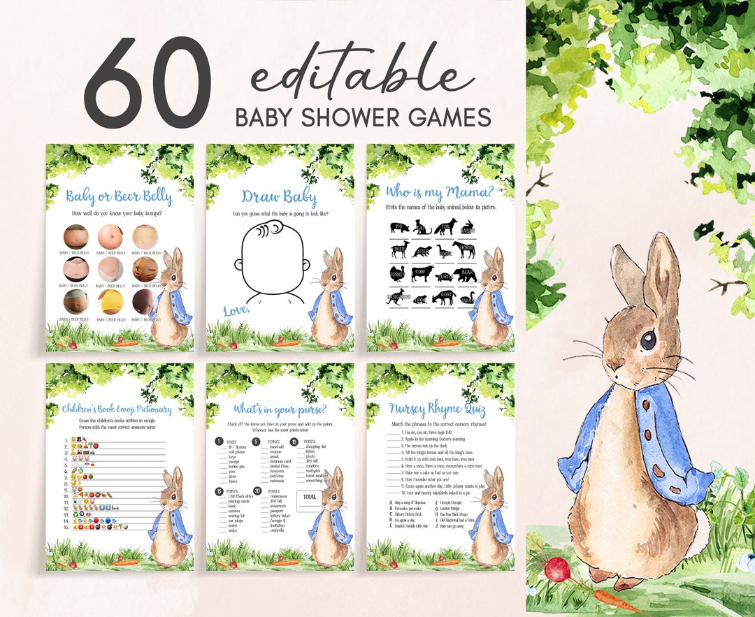 Editable Peter Rabbit Baby Shower Games Bundle, Blue Bunny Baby Shower ...