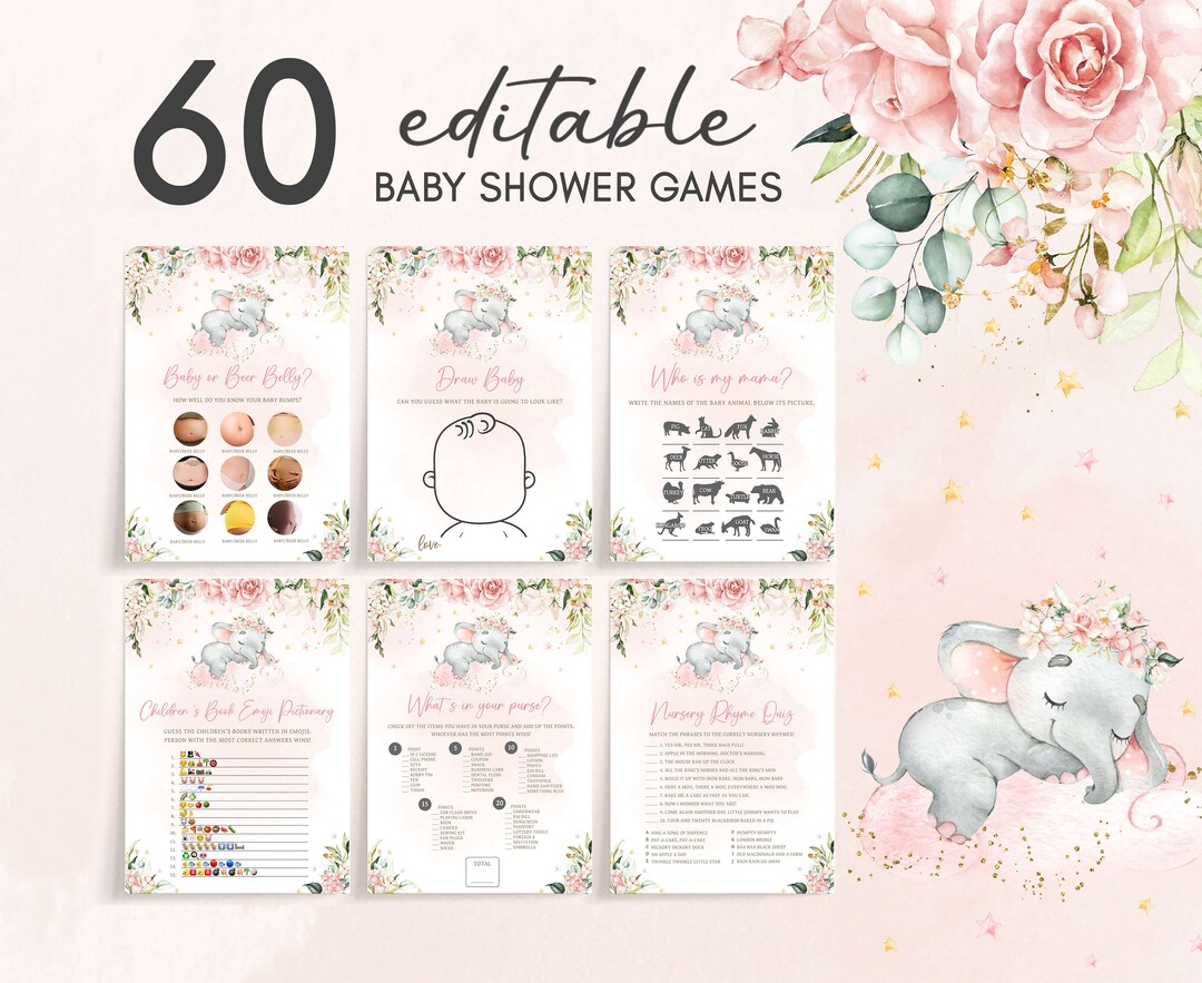 Editable Pink Elephant Baby Shower Games Bundle, Pink Floral Elephant ...