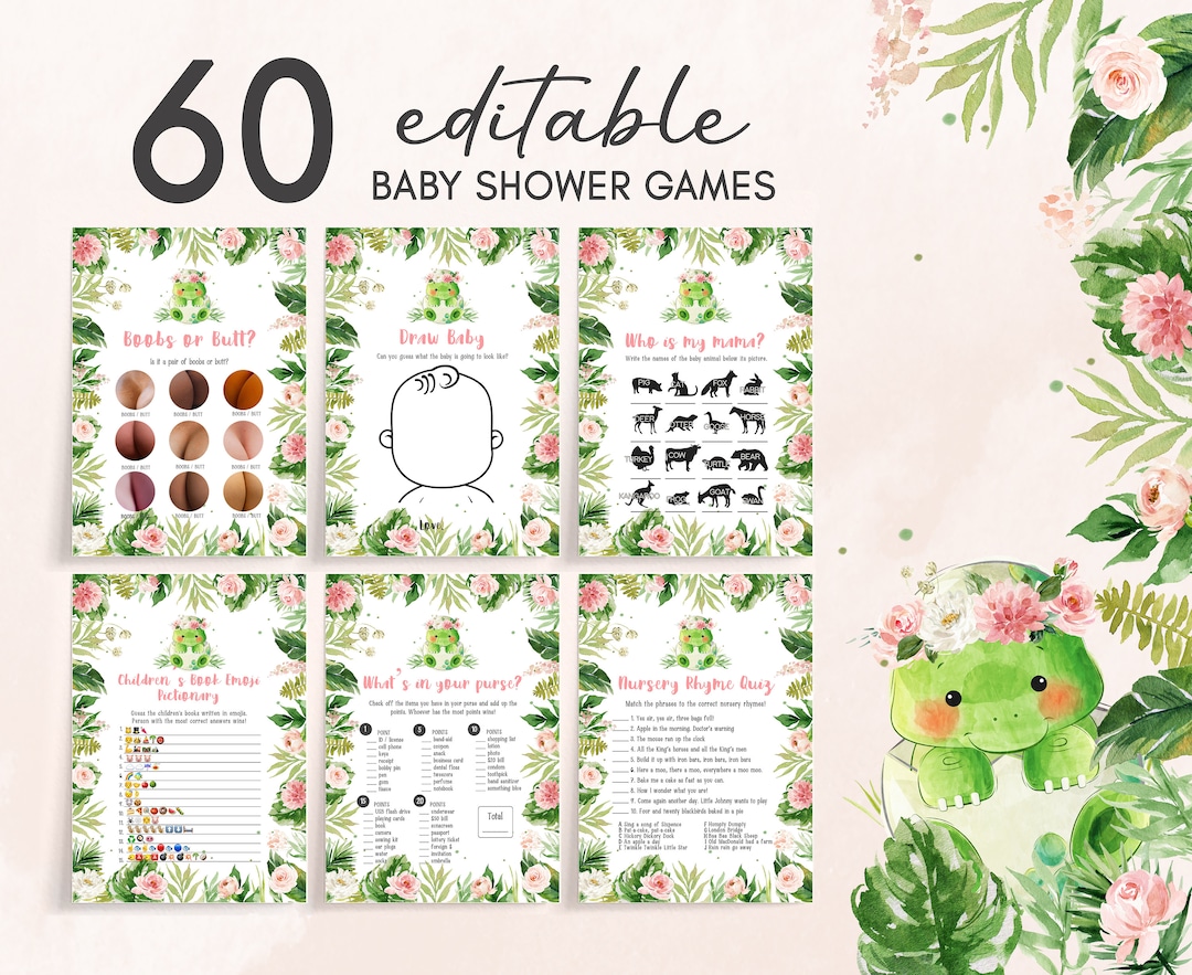 Editable Girl Dinosaur Baby Shower Games Bundle, Pink Floral Dino Baby ...