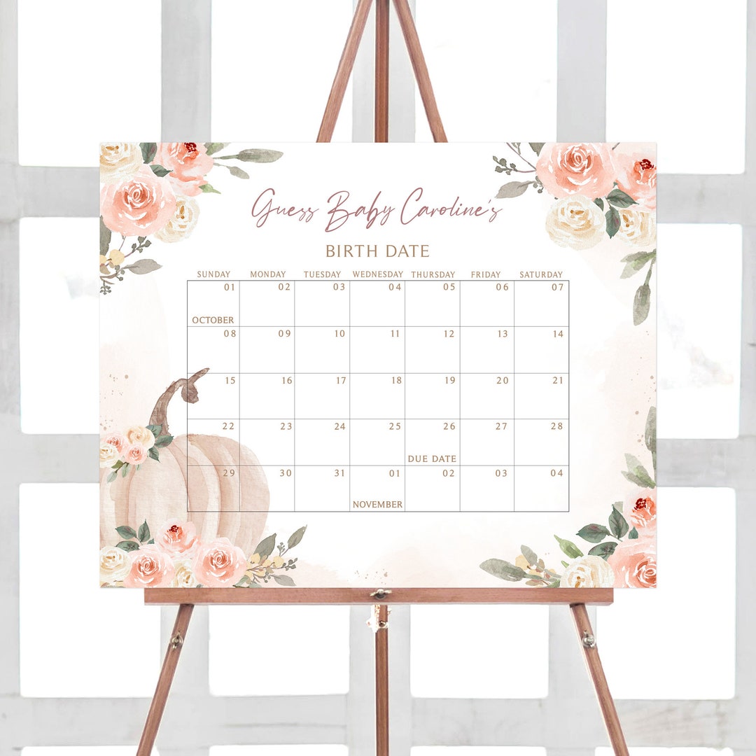 Editable Blush Pink Pumpkin Baby Shower Due Date Calendar, Boho Fall ...