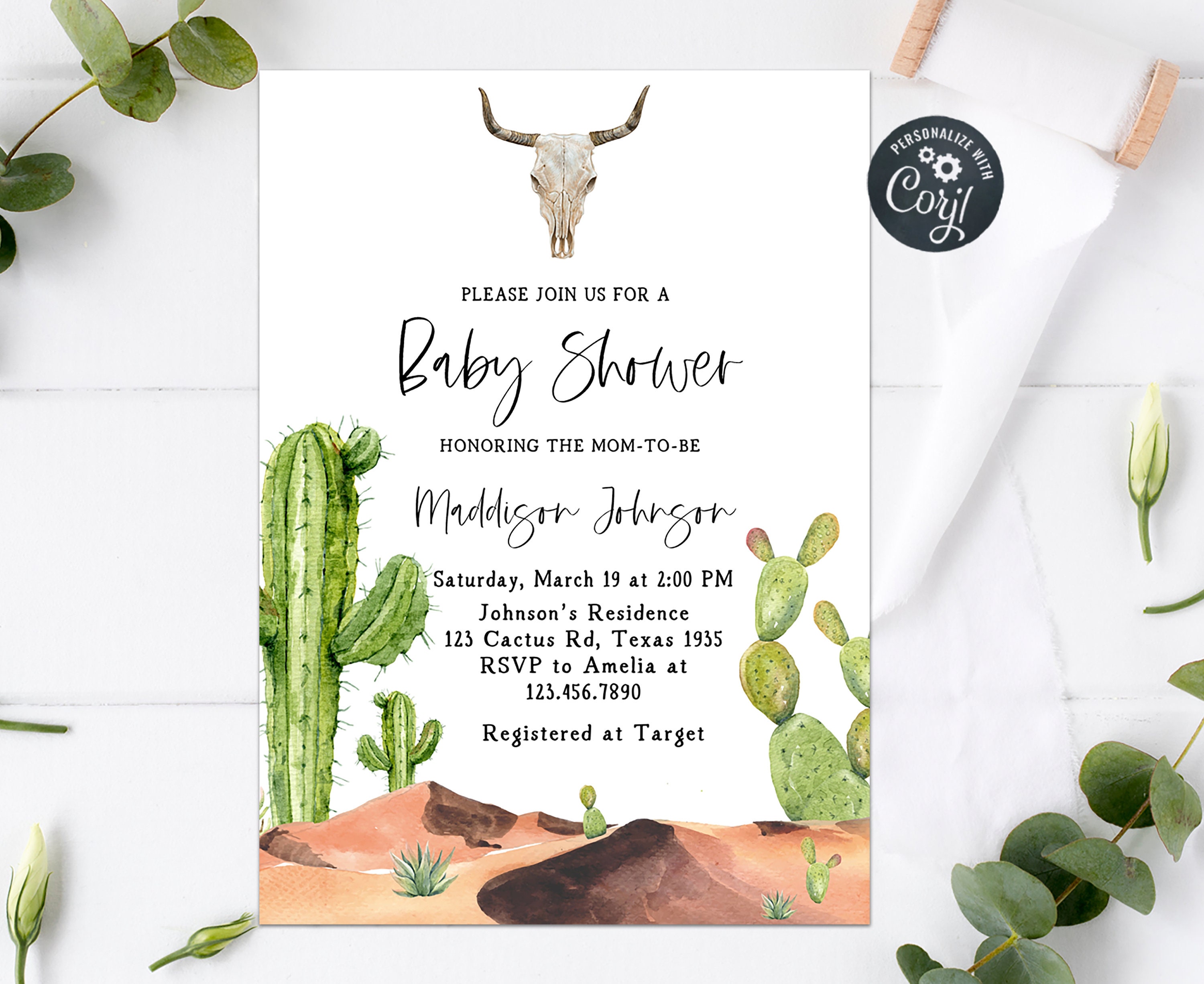 Editable Bull Skull Baby Shower Invitation Set Southwestern - Etsy