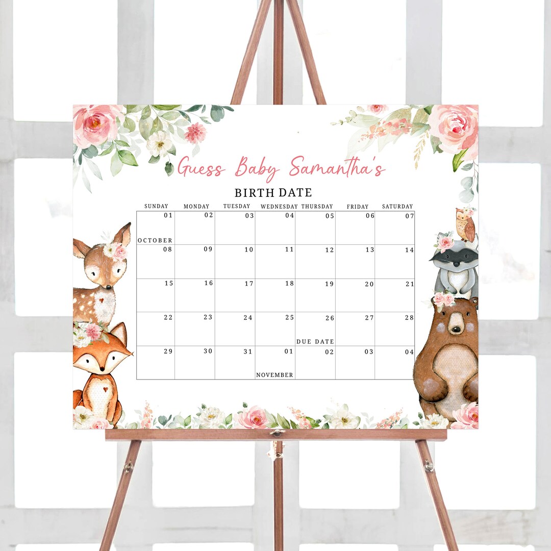 Editable Floral Woodland Baby Shower Due Date Calendar Girl Woodland ...