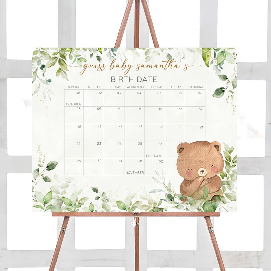 Editable Bear Baby Shower Due Date Calendar Teddy Bear Baby Shower ...