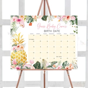 Editable Gold Pineapple Baby Shower Due Date Calendar, Pink Floral ...