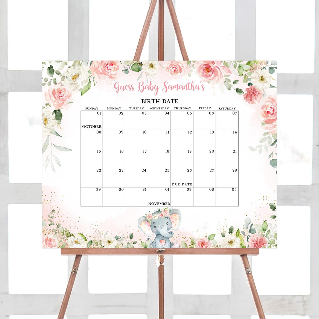 Editable Elephant Baby Shower Due Date Calendar, Blush Pink Floral Baby ...
