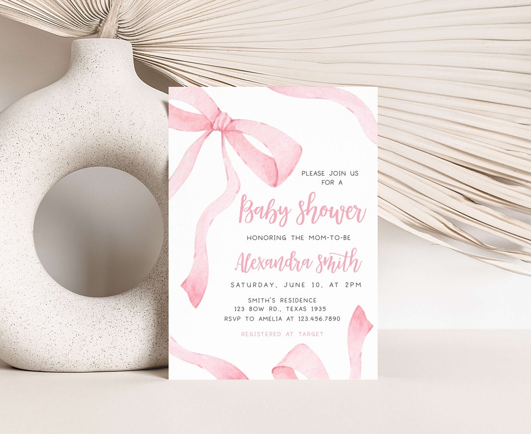 Editable Pink Baby Shower Invitation, Pink Bow Minimalist Baby Shower ...