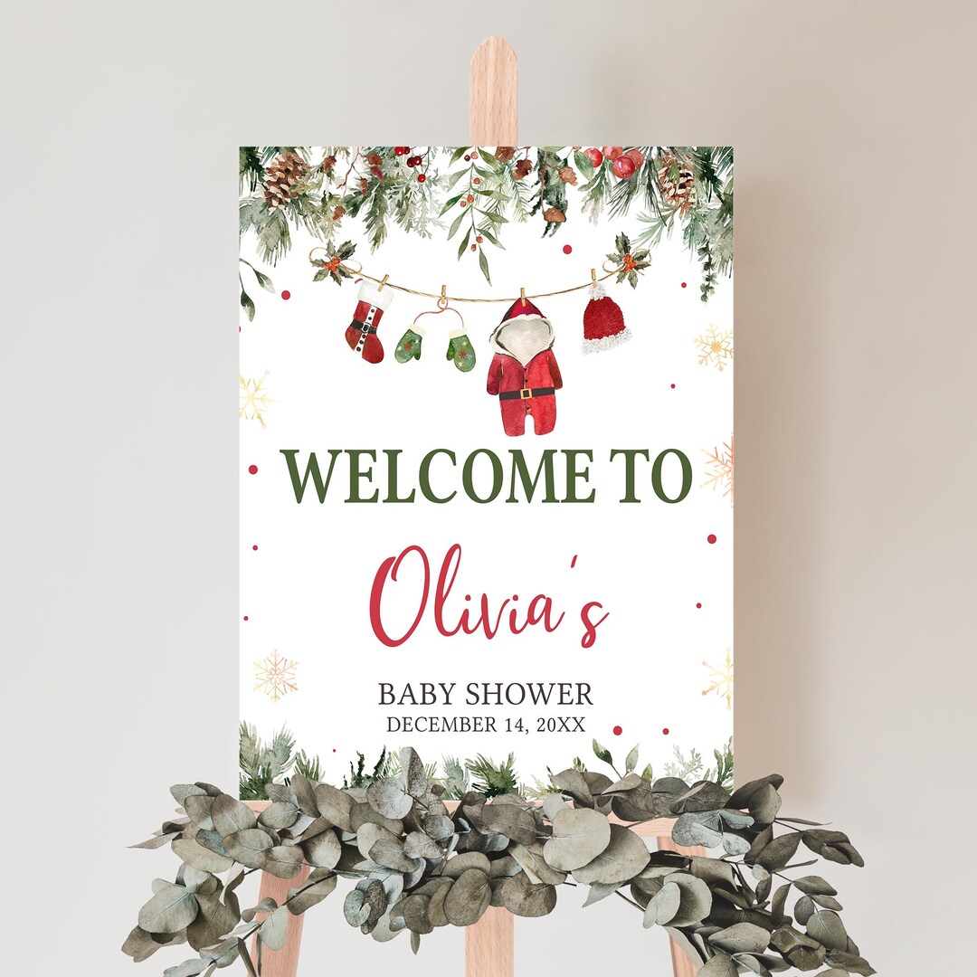 Editable Santa Baby Shower Welcome Sign, Holiday Winter Baby Shower ...