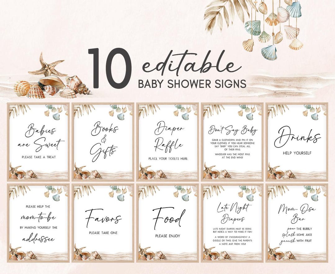 Editable Beach Baby Shower Table Sign, Boho Seashell Summer Baby Shower ...