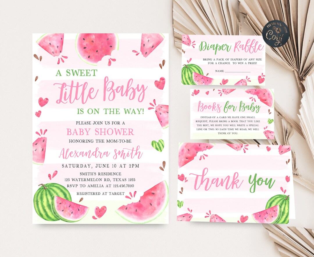 Editable Pink Watermelon Baby Shower Invitation Set A Sweet Little Baby ...