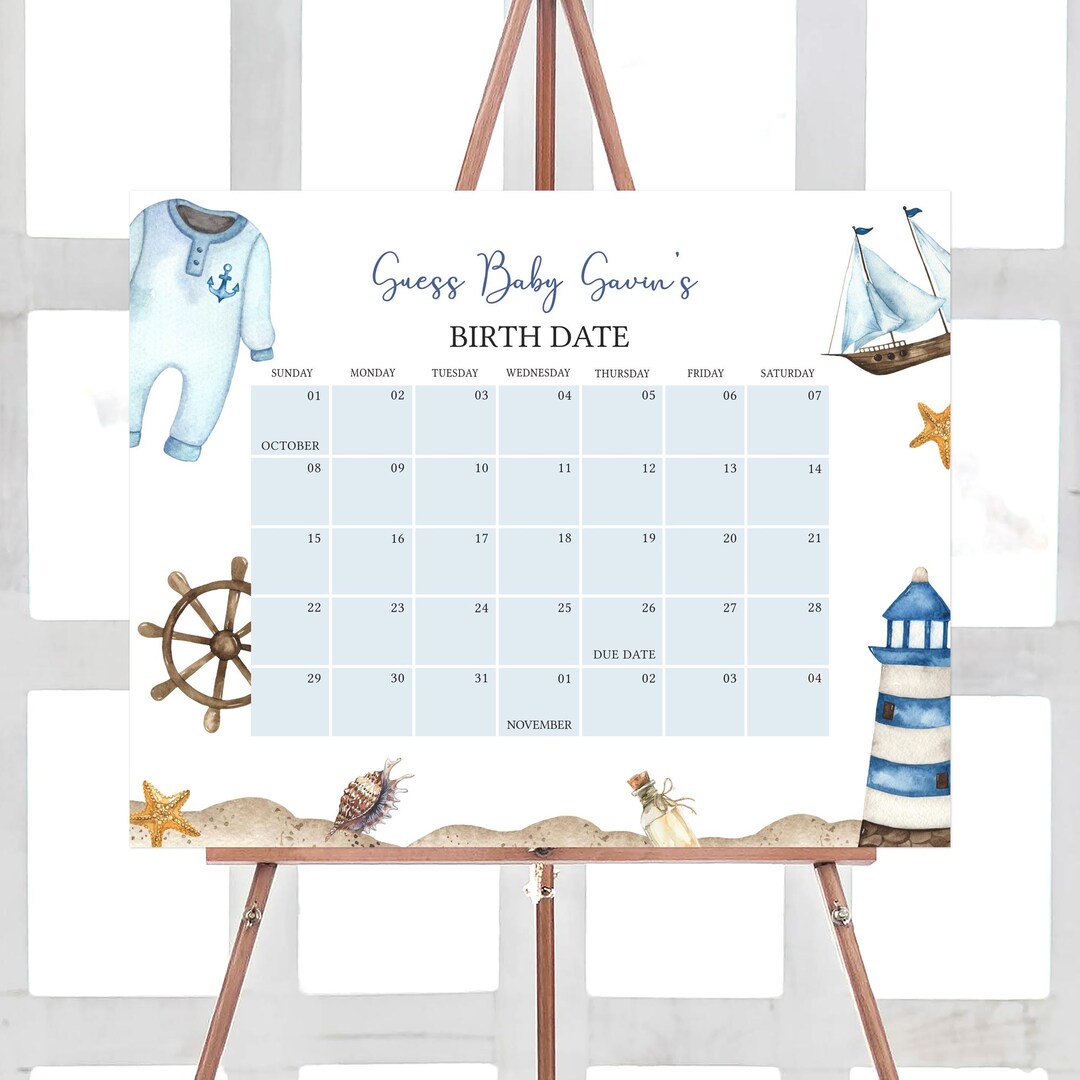 Editable Ahoy It's a Boy Nautical Baby Shower Due Date Calendar, Baby ...
