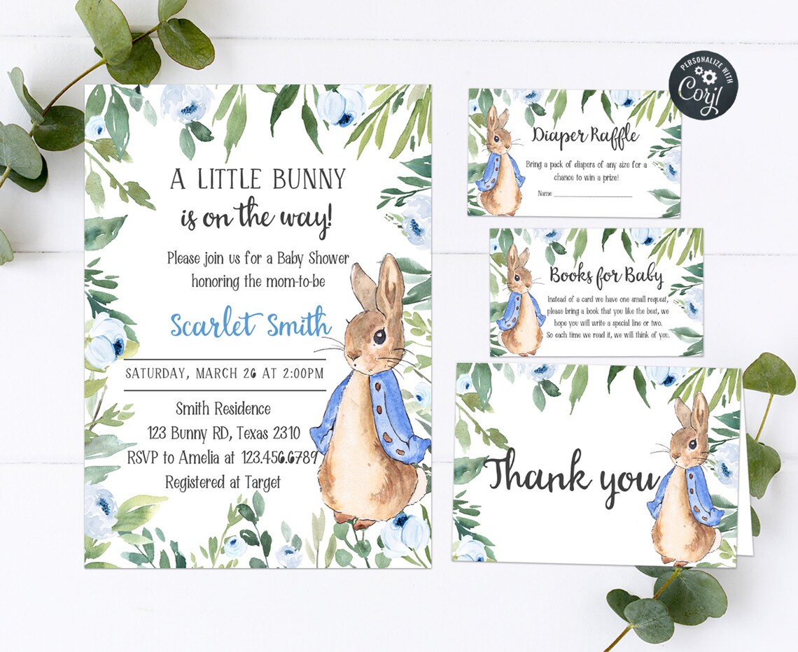 Editable Peter Rabbit Baby Shower Invitation Set Blue Peter - Etsy
