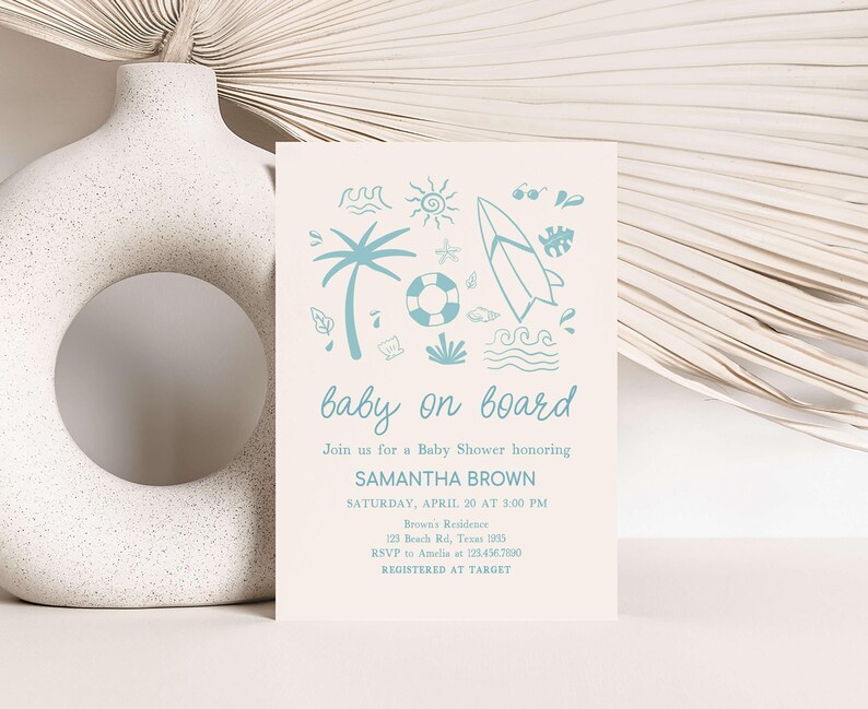 Editable Blue Baby on Board Baby Shower Invitation Bundle, Boy Beach ...