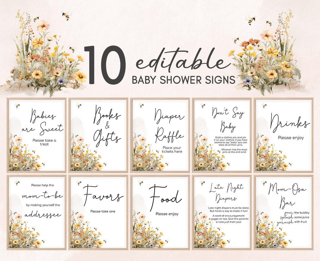Editable Bee Baby Shower Table Sign, Wildflower Bee Baby Shower Bundle ...
