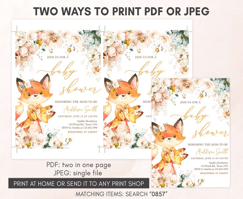 Editable Floral Fox Fall Baby Shower Invitation Bundle, Fox Woodland ...