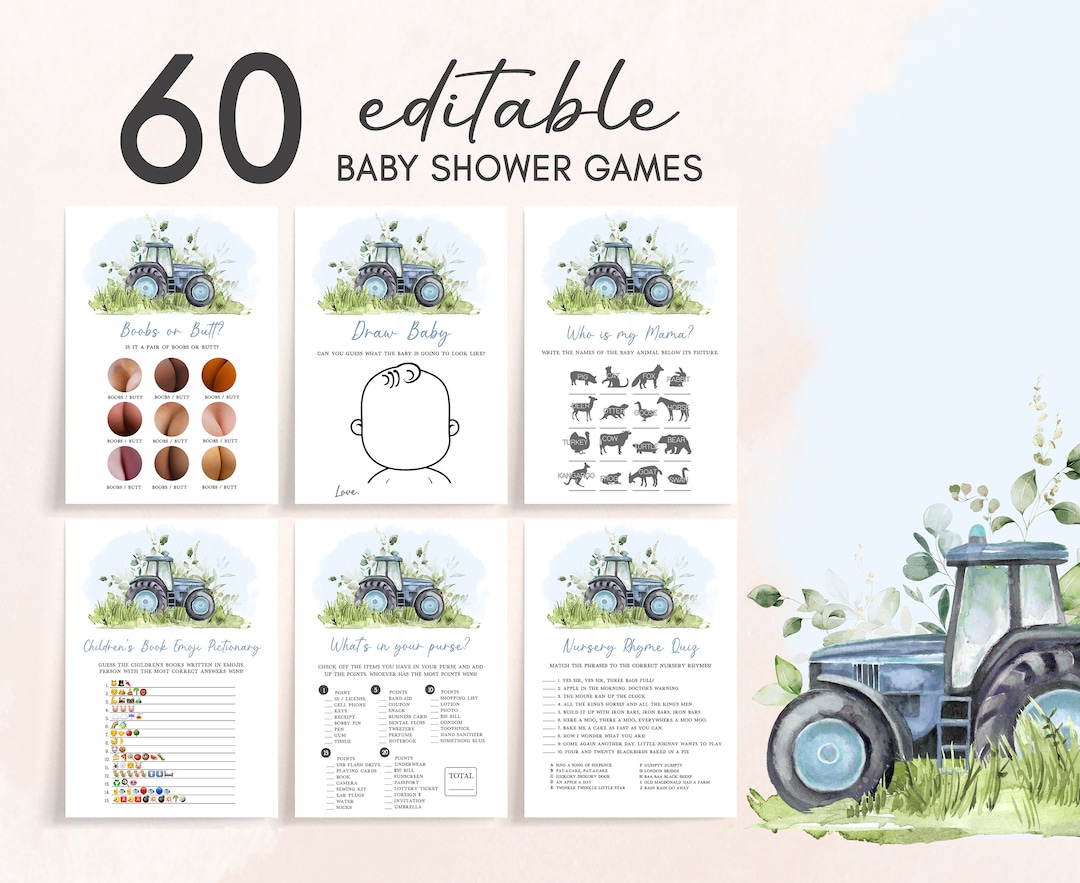 Editable Blue Tractor Baby Shower Games Bundle, Farm Baby Shower Game ...
