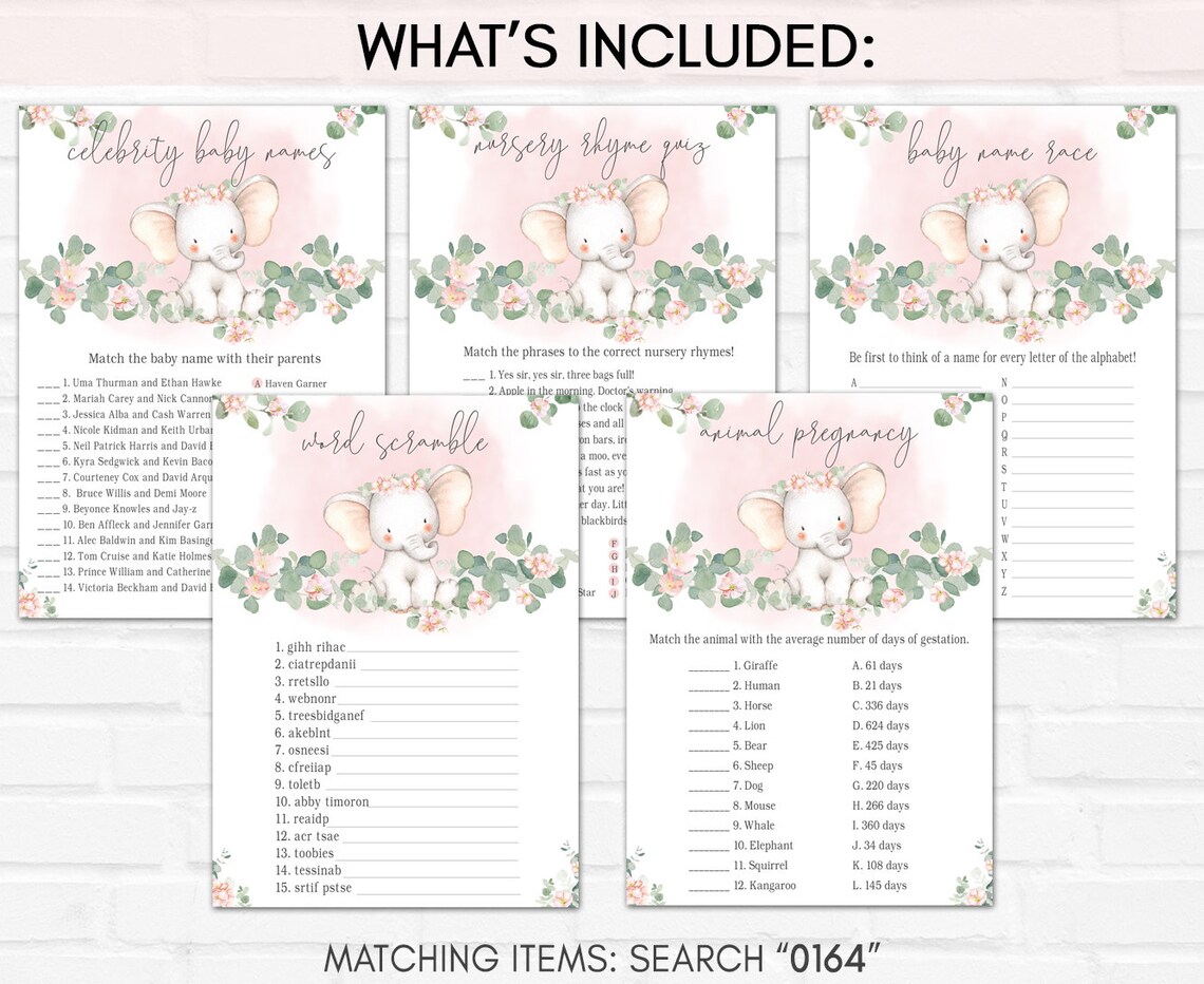 Elephant Baby Shower Games Bundle Girl Baby Elephant Girl | Etsy