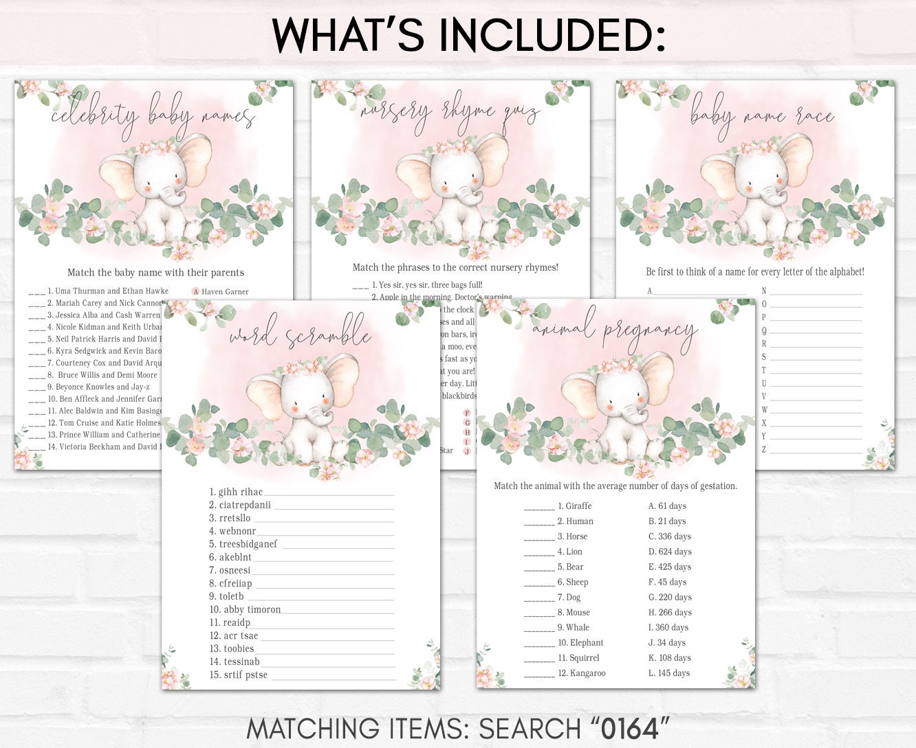 Elephant Baby Shower Games Bundle Girl Baby Elephant Girl | Etsy