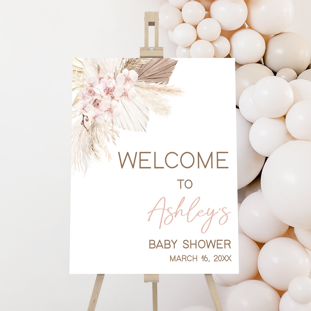 Editable Sign Pink Boho Baby Shower Welcome Sign, Girl Pampas Grass ...