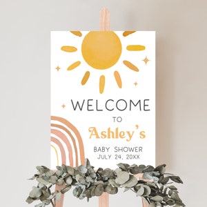 Editable Pink Sunshine Baby Shower Welcome Sign, Girl Here Comes the ...