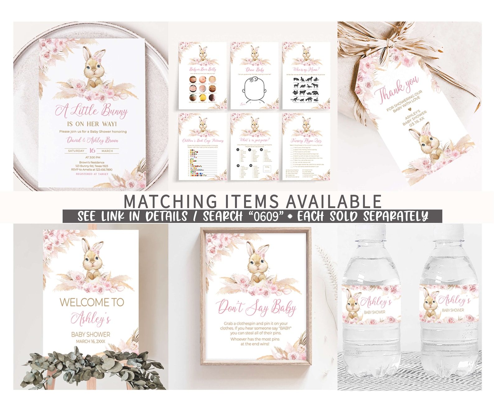 Editable Girl Rabbit Baby Shower Bottle Label, Pink Boho Rabbit Baby ...