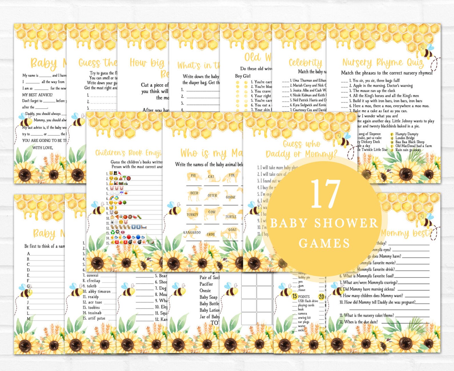 Bee Baby Shower Games Honey Bee Games Pack Printable Baby - Etsy