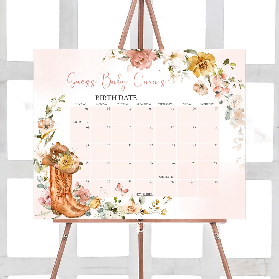 Editable Floral Cowgirl Baby Shower Due Date Calendar, Pink Cowgirl ...