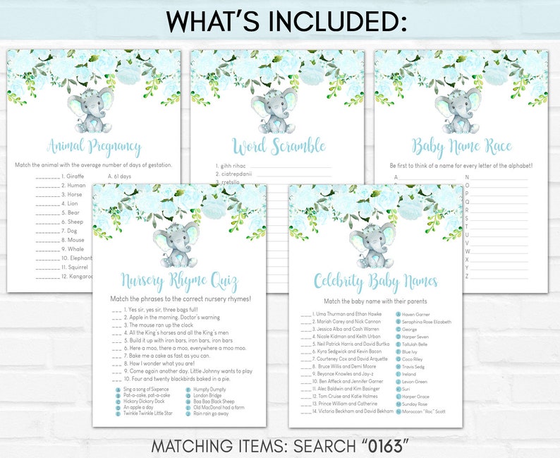 Boy Elephant Baby Shower Game Bundle, Baby Elephant Games Pack, Blue ...