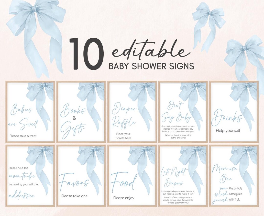 Editable Blue Bow Baby Shower Table Sign, It's A Boy Coquette Baby ...