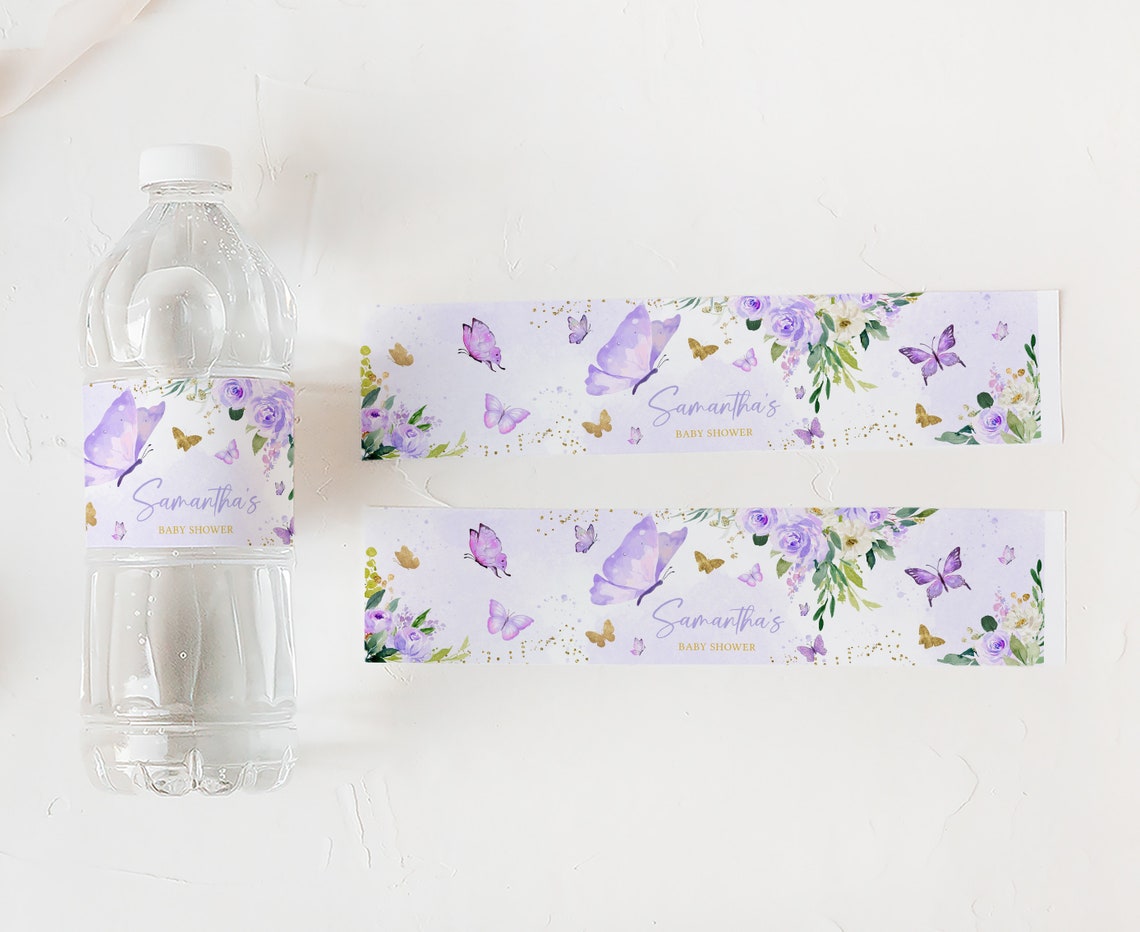 Editable Purple Butterfly Baby Shower Bottle Label, Butterflies Girl ...