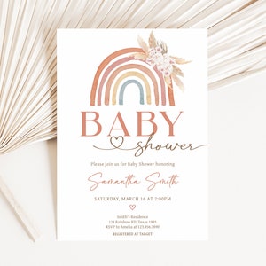 Editable Boho Rainbow Baby Shower Invitation Bundle, Pink Pampas Grass Boho Rainbow Baby Shower ...