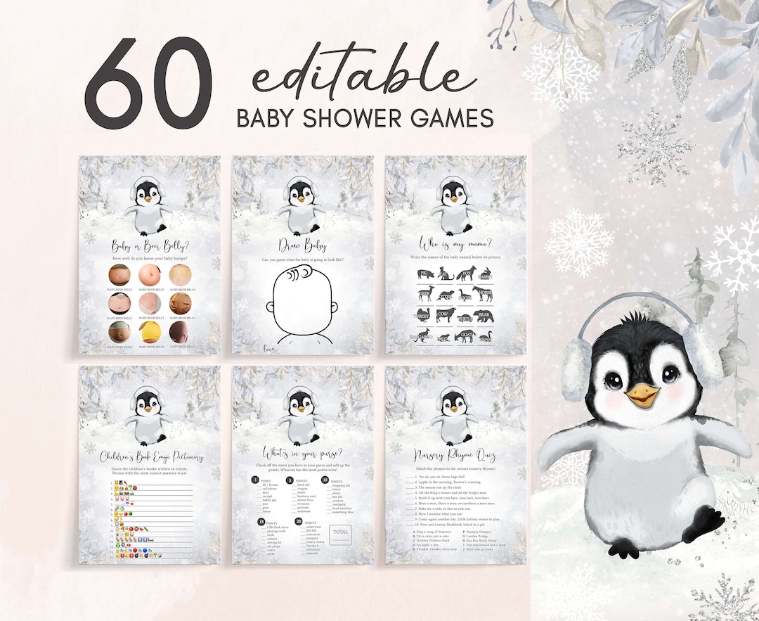 Editable Winter Penguin Baby Shower Games Bundle, Gender Neutral ...