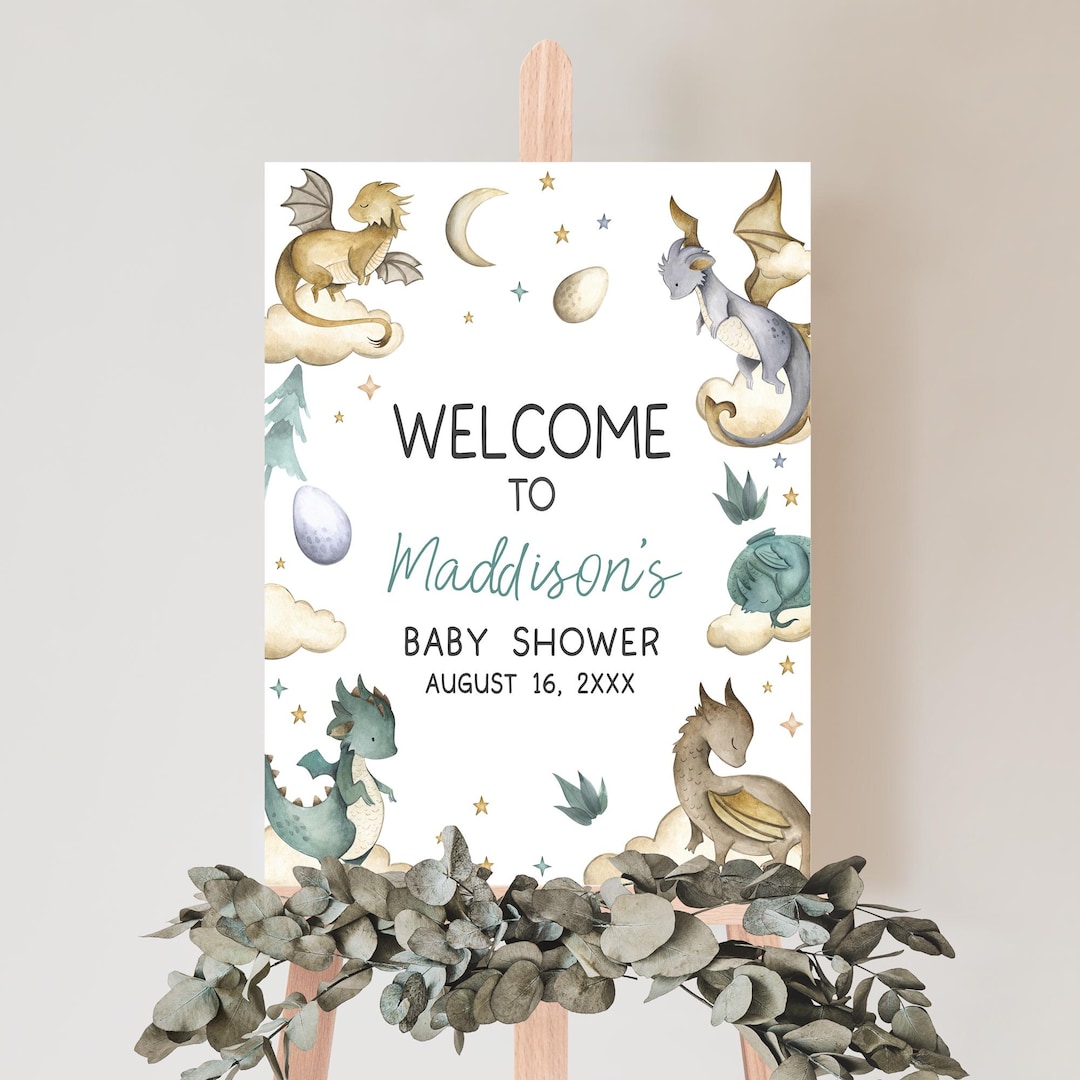 Editable Dragon Baby Shower Welcome Sign, Mythical Creature Dragon Baby ...