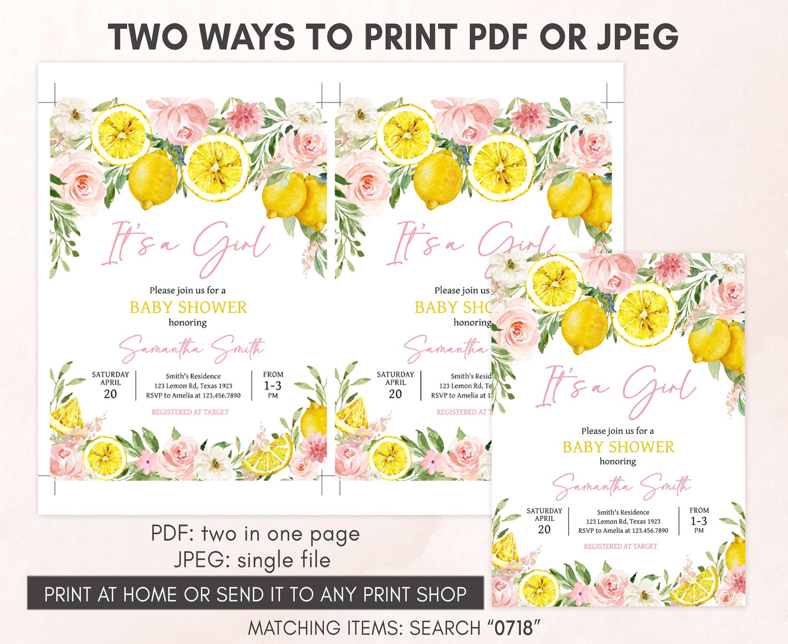 Editable Pink Floral Lemon Baby Shower Invitation, Girl Lemonade Baby ...