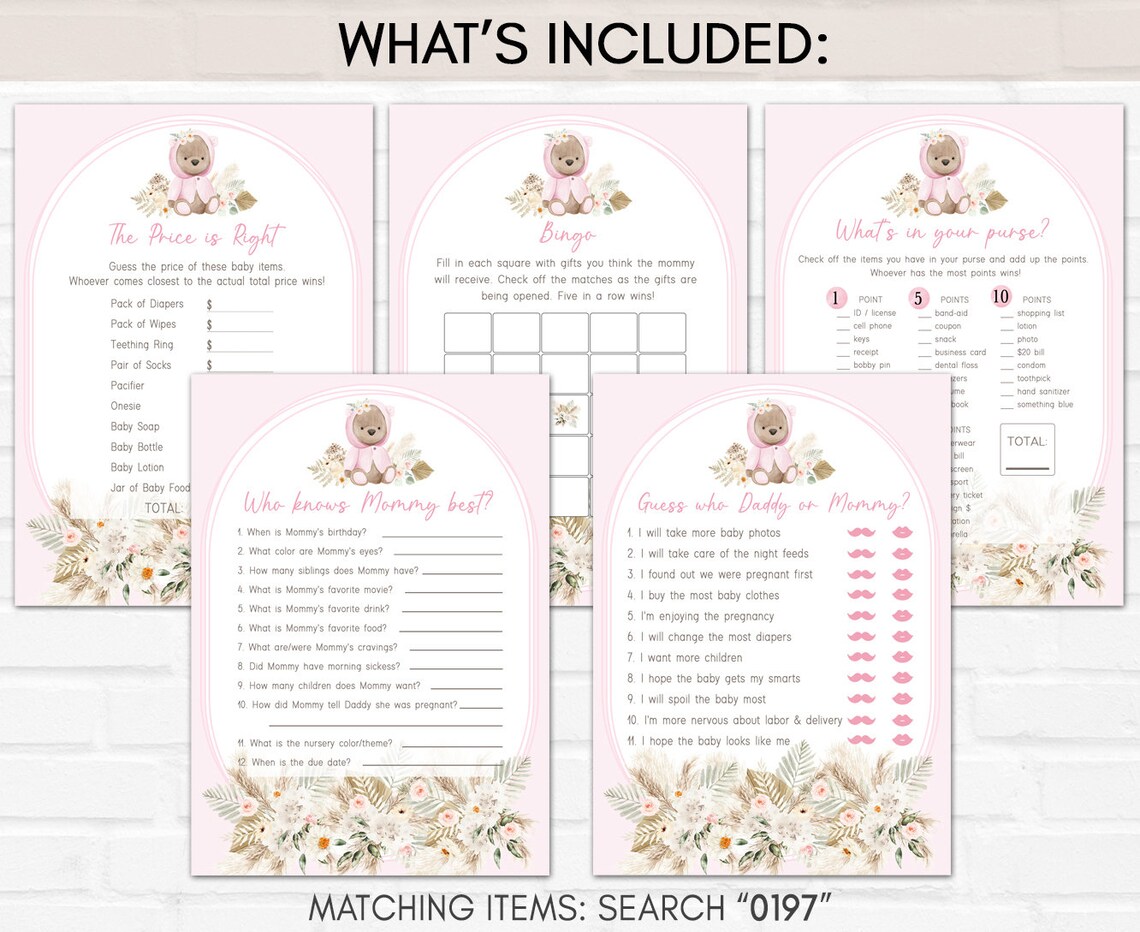 Bear Baby Shower Games Bundle Pink Teddy Bear Baby Shower | Etsy