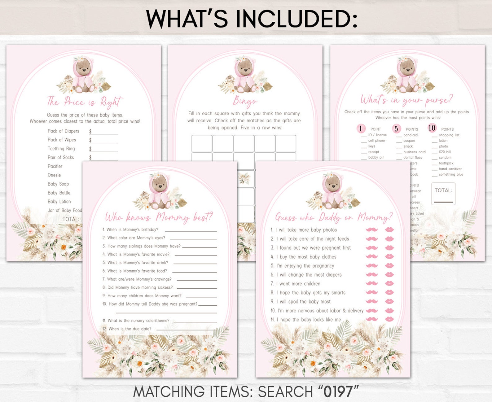 Bear Baby Shower Games Bundle Pink Teddy Bear Baby Shower | Etsy