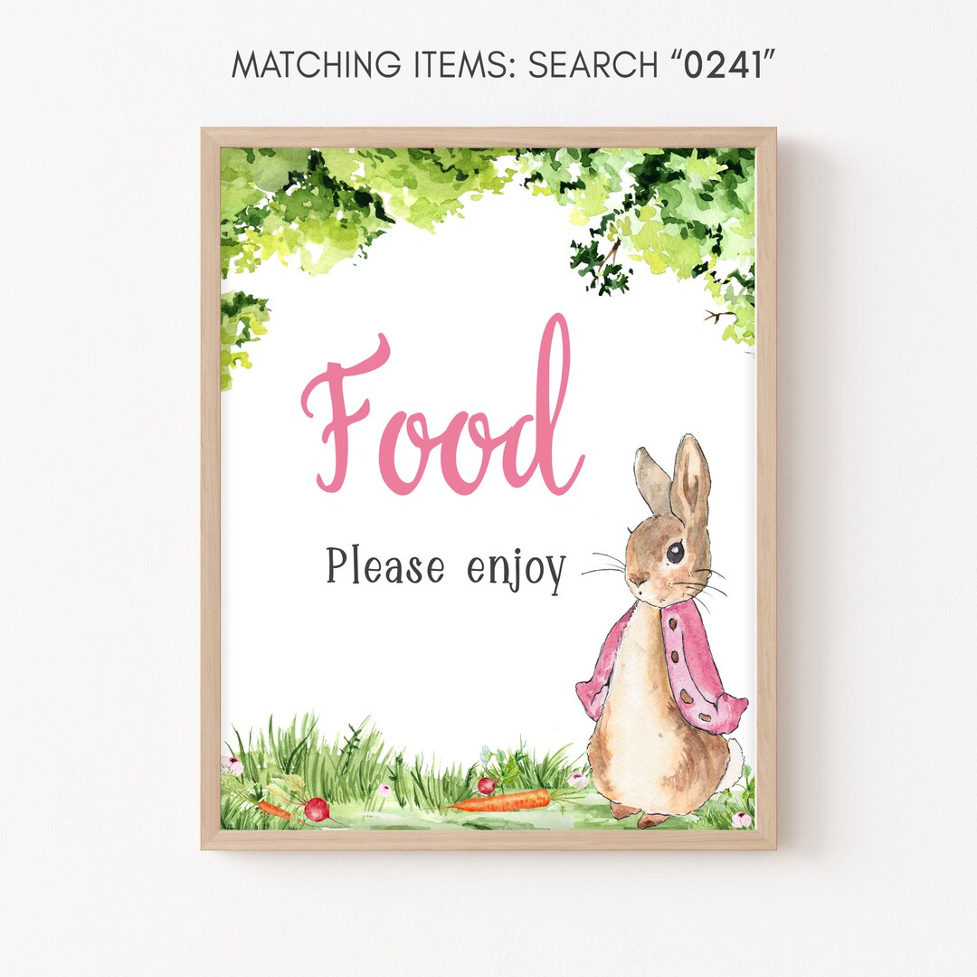 Pink Peter Rabbit Baby Shower Food Sign, Girl Rustic Bunny Baby Shower ...