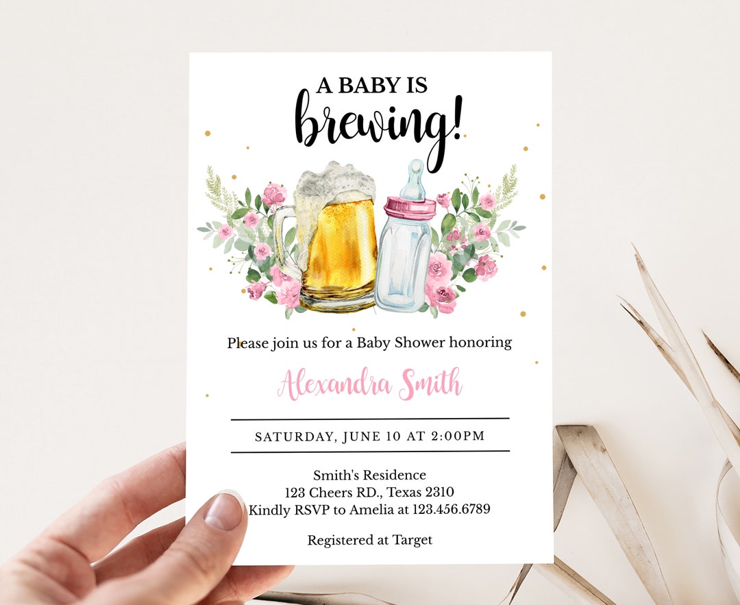 Editable Girl A Baby is Brewing Baby Shower Invitation, Pink Beer and ...