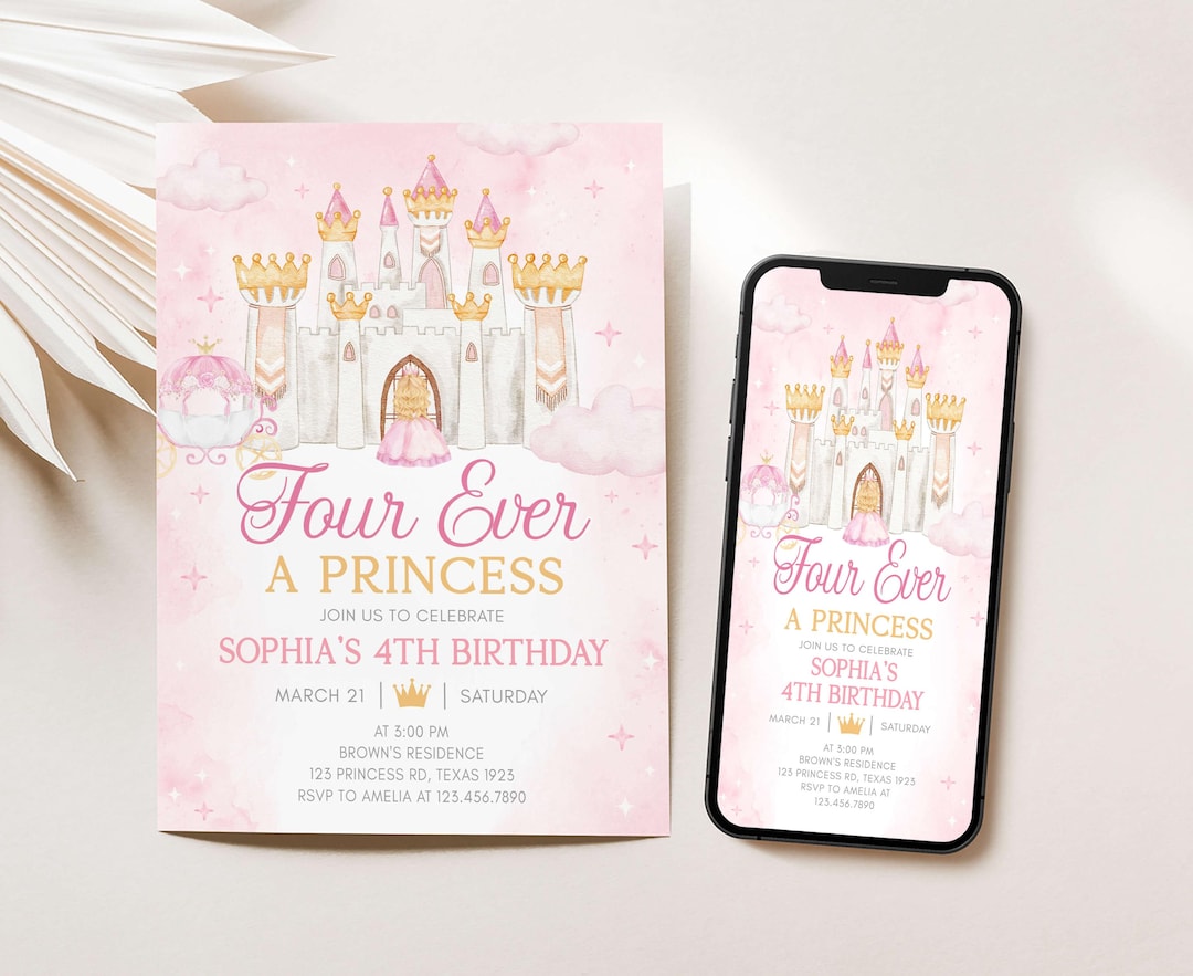 Editable Four Ever a Princess Birthday Invitation, Pink Castle 4th ...
