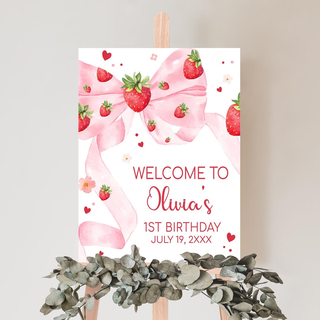 Editable Berry First Birthday Welcome Sign, Strawberry Birthday Party ...
