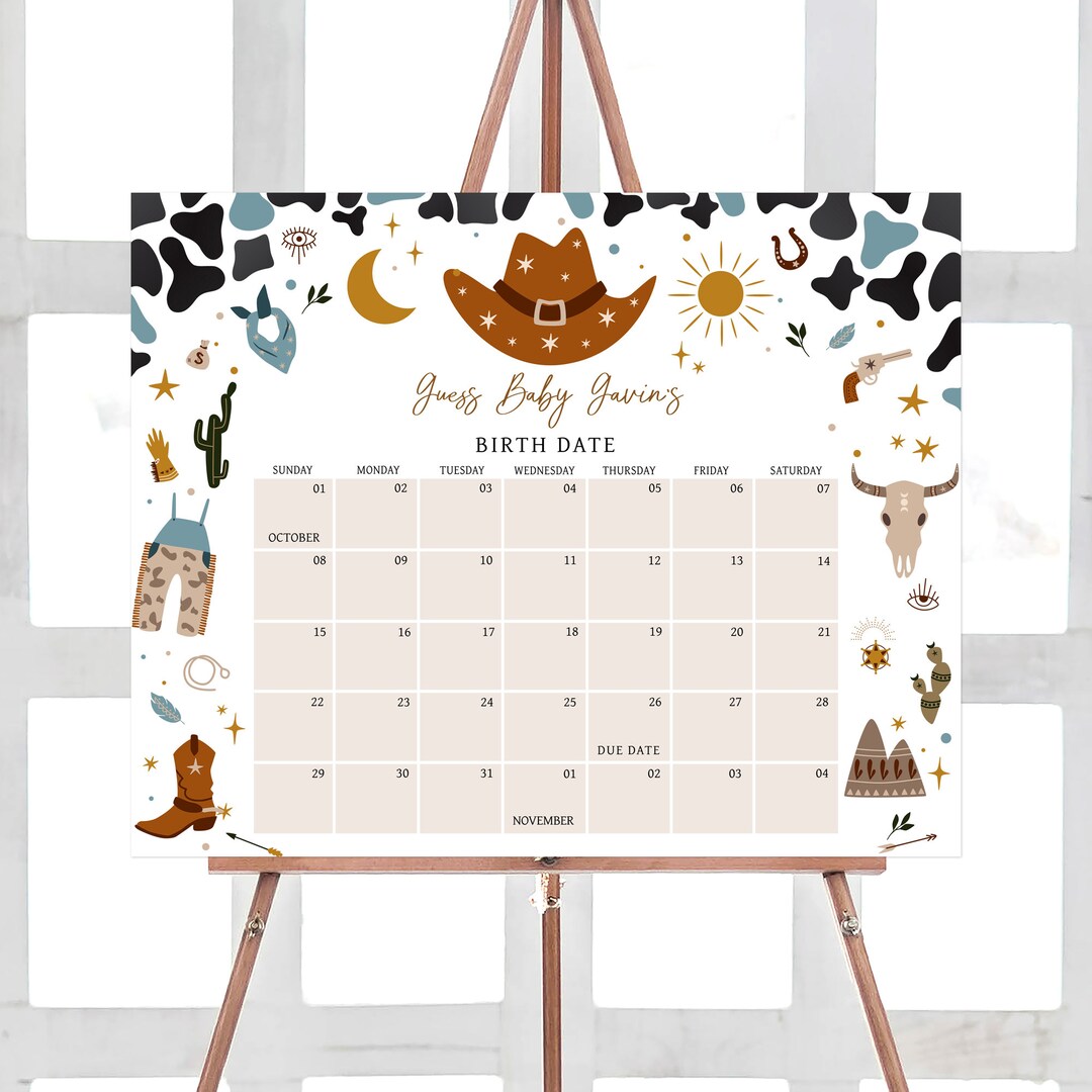 Editable Little Cowboy Baby Shower Due Date Calendar, Boy Wild West ...