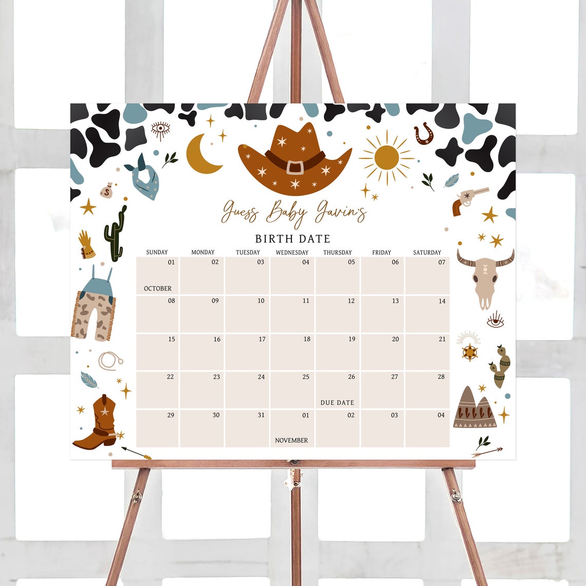 Editable Little Cowboy Baby Shower Due Date Calendar, Boy Wild West ...