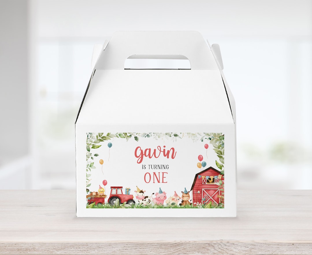 Editable Farm Birthday Gable Box Label, Boy Red Barnyard Birthday Favor ...