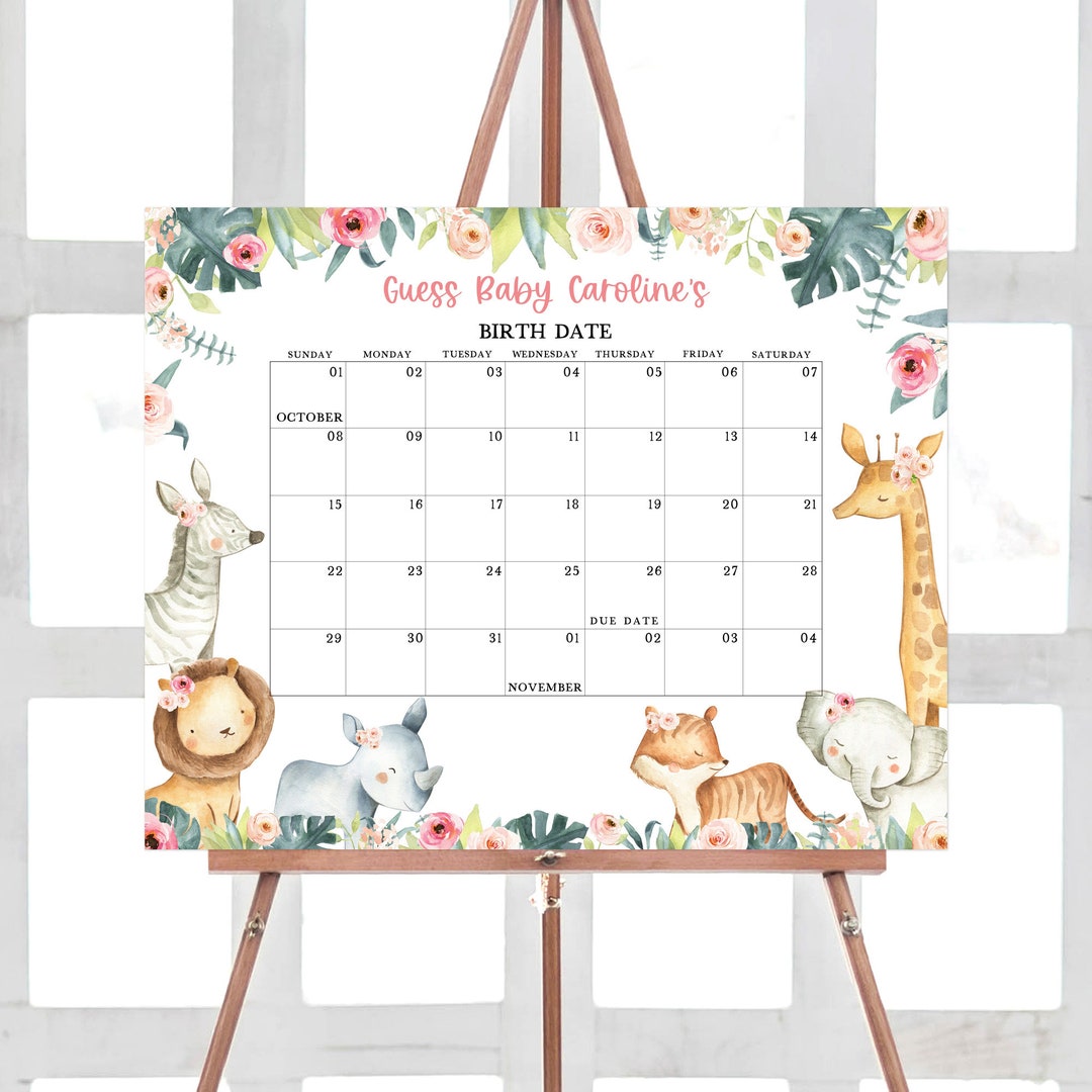 Editable Girl Safari Baby Shower Due Date Calendar, Floral Jungle Baby ...