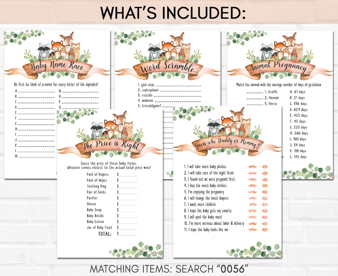 Woodland Baby Shower Games Woodland Baby Shower Game Pack | Etsy