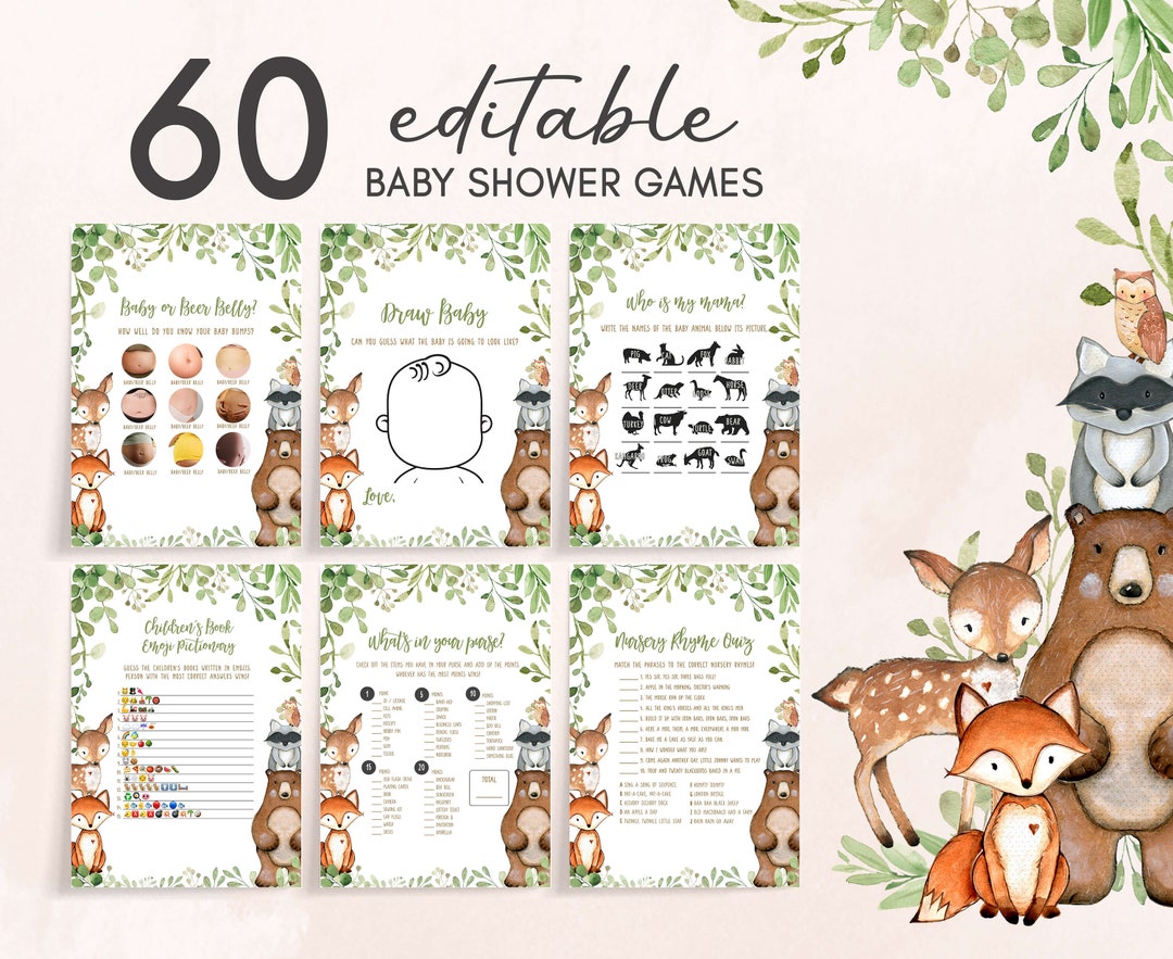 Editable Woodland Baby Shower Games Bundle, Greenery Woodland Animals ...