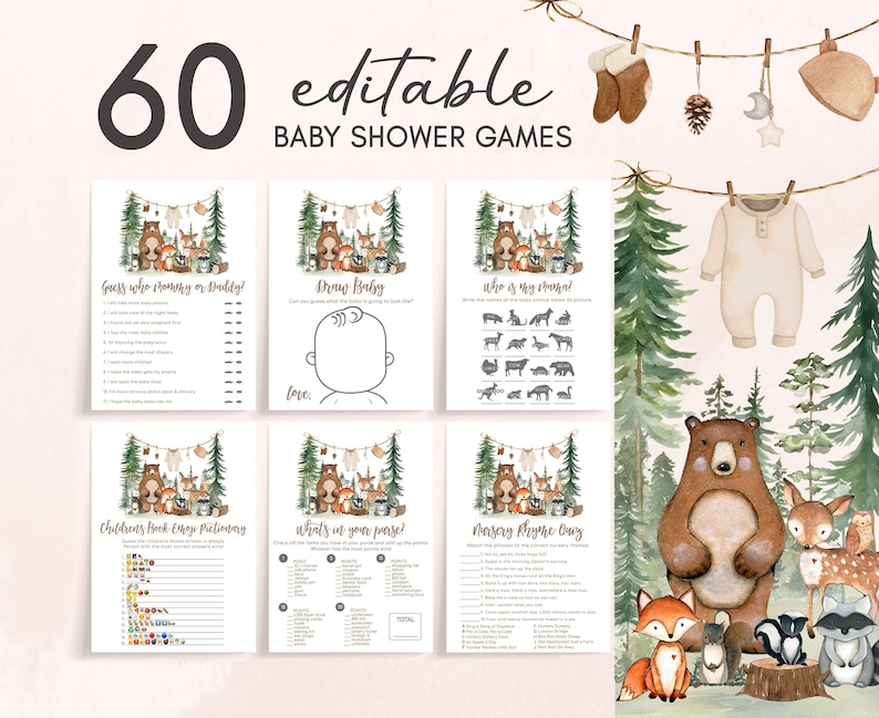 Editable Woodland Baby Shower Games Bundle, Adventure Awaits Forest ...