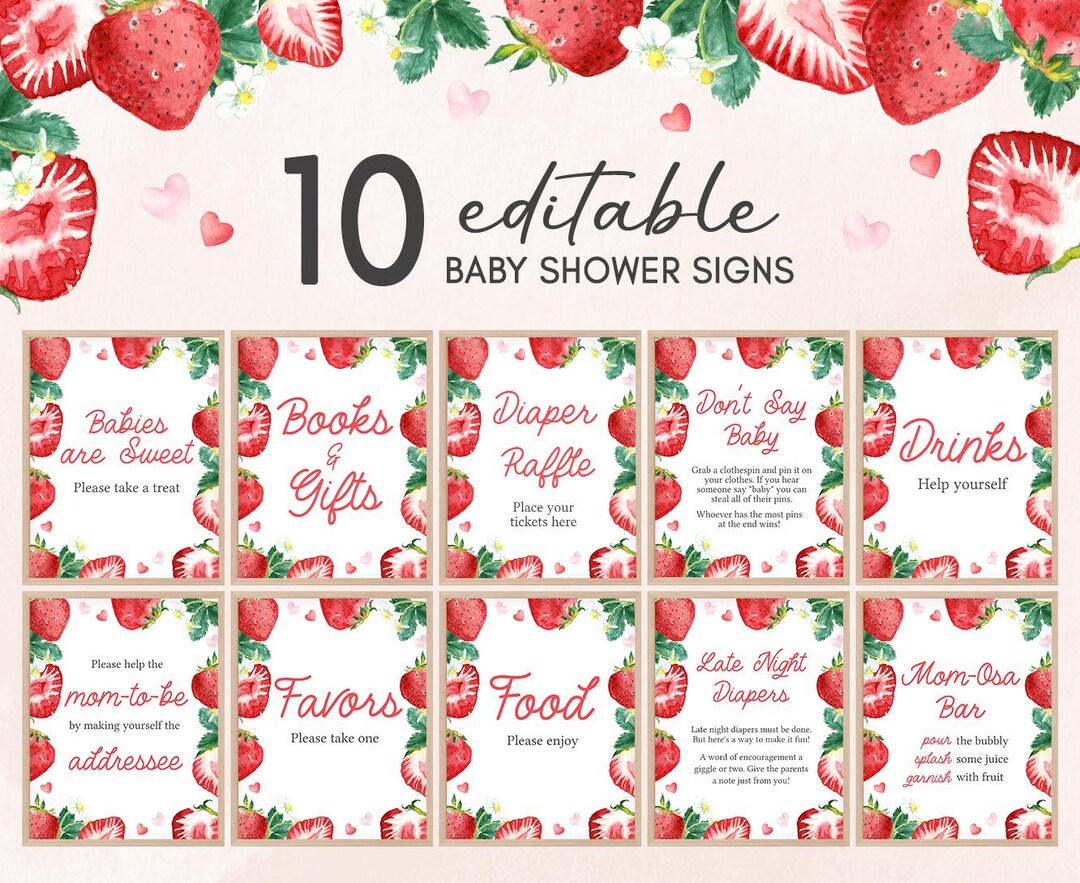 Editable Berry Sweet Baby Shower Table Sign, Strawberry Baby Shower ...